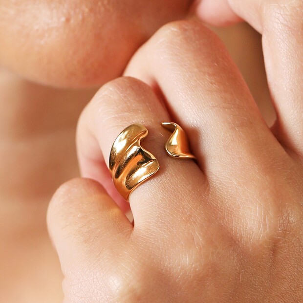 Stainless Steel Open Wave Adjustable Ring in Gold | Lisa Angel