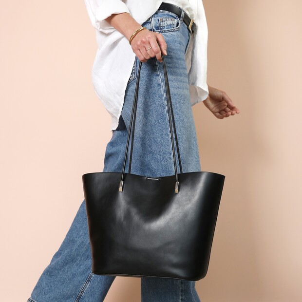Black Vegan Leather Over Shoulder Tote Bag and Pouch | Lisa Angel