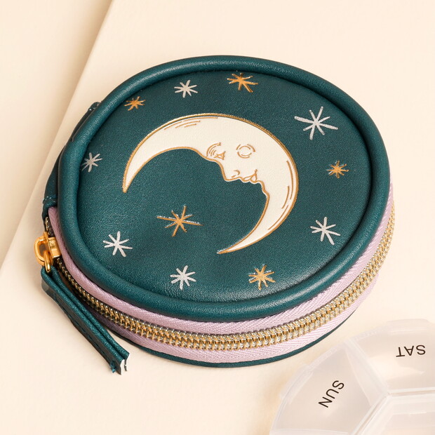 Vegan Leather Celestial Moon and Stars Pill Case | Designworks | Lisa Angel