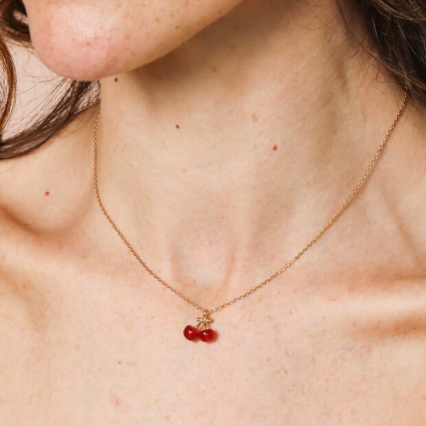 Red Cherry Bead Pendant Necklace in Gold | Jewellery | Lisa Angel