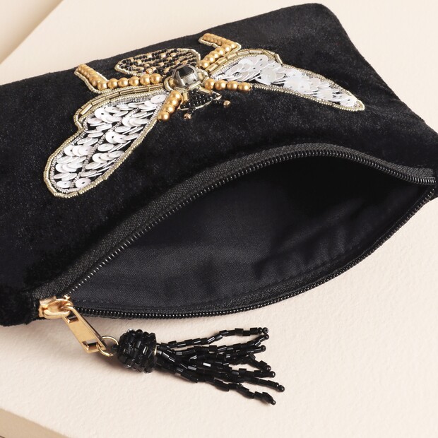 Black Velvet Bee Embroidered Pouch | Accessories | Lisa Angel