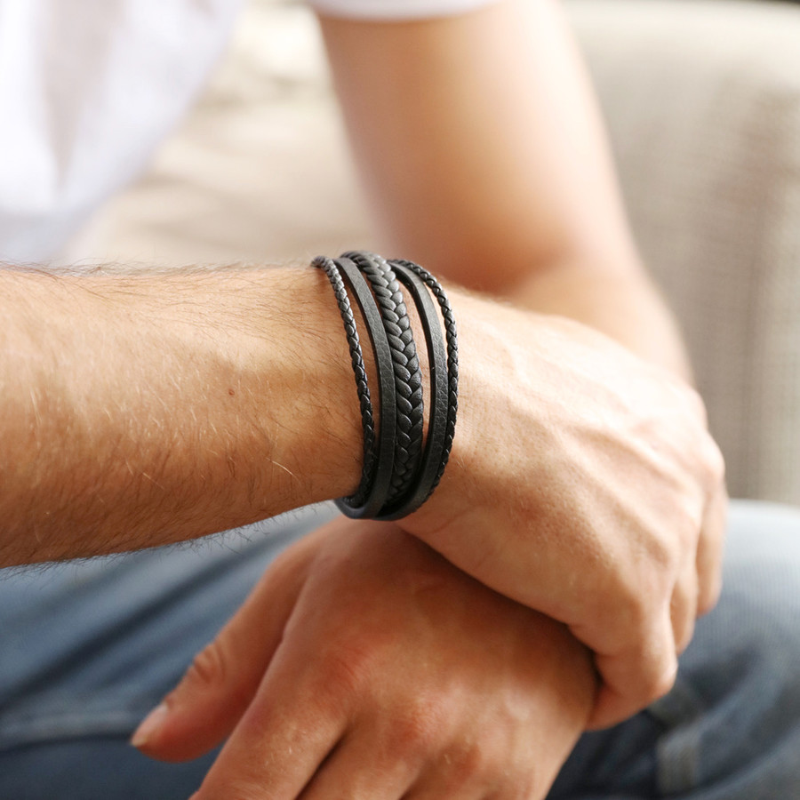 Men's Layered Leather Straps Bracelet in Black | Lisa Angel