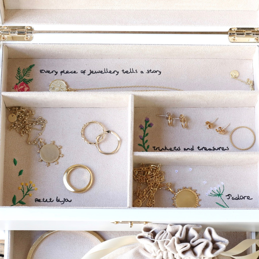 Personalised White Embroidered Interior Jewellery Box | Lisa Angel