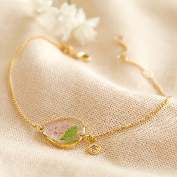 Pressed Birth Flower Charm Bracelet with Birthstone | Lisa Angel