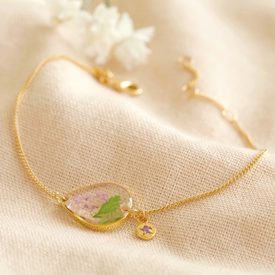 Pressed Birth Flower Charm Bracelet with Birthstone | Lisa Angel