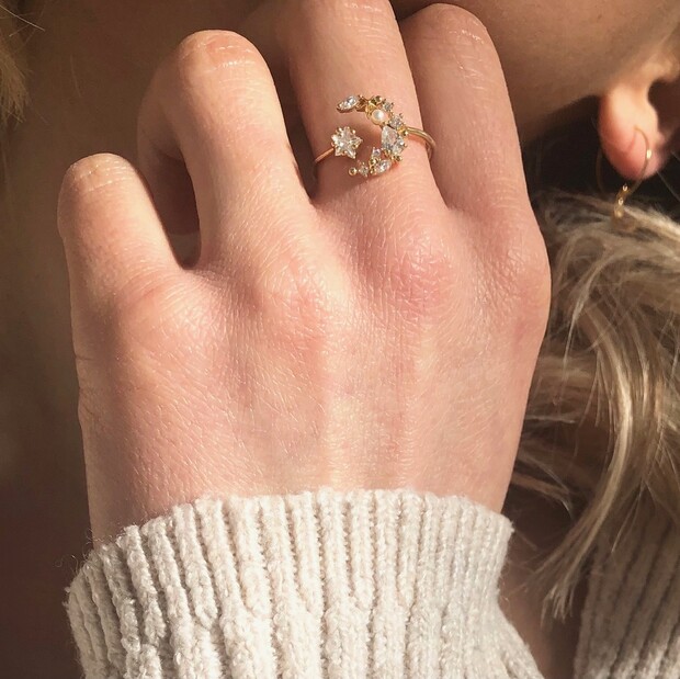Adjustable Crystal Moon and Star Ring in Gold | Lisa Angel