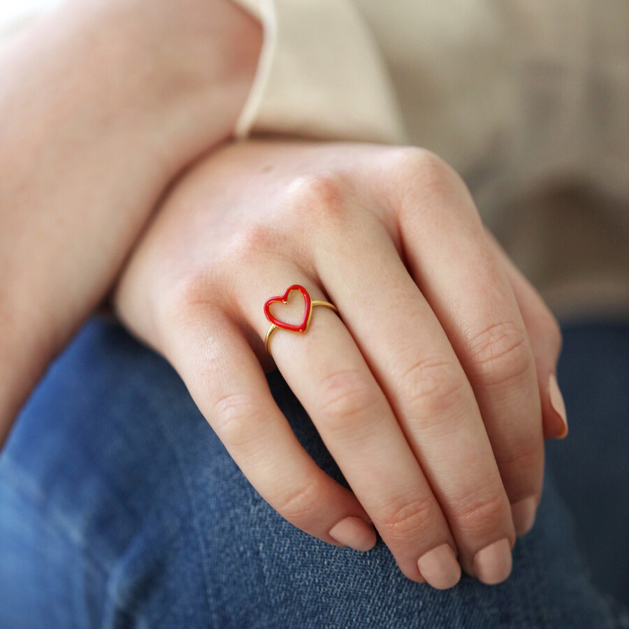 Gold Sterling Silver Red Enamel Heart Outline Ring | Lisa Angel