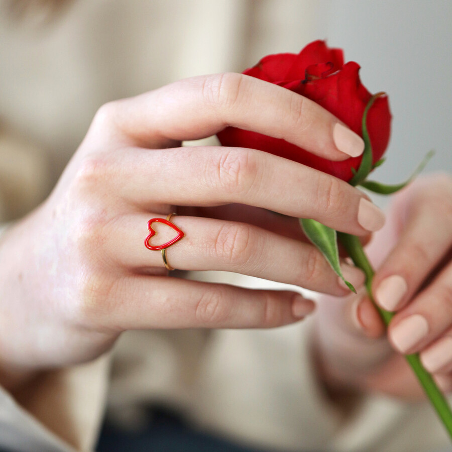 Gold Sterling Silver Red Enamel Heart Outline Ring | Lisa Angel