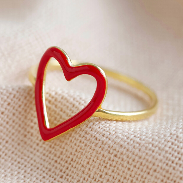 Gold Sterling Silver Red Enamel Heart Outline Ring | Lisa Angel