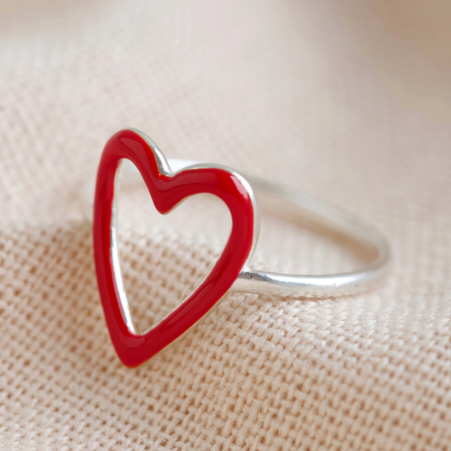Sterling Silver Red Enamel Heart Outline Ring | Lisa Angel