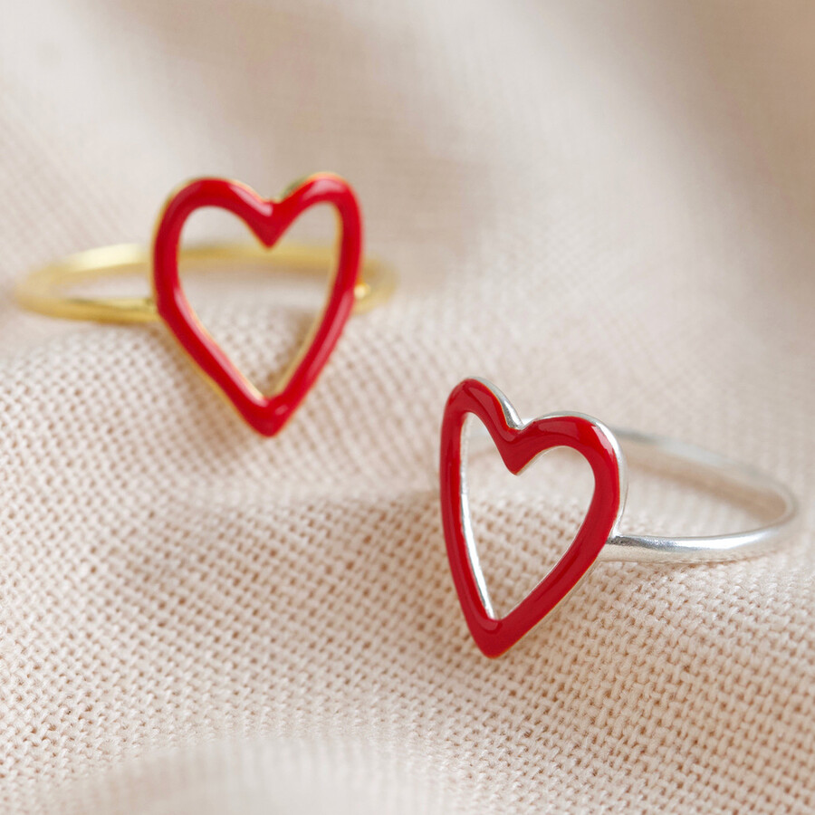 Sterling Silver Red Enamel Heart Outline Ring | Lisa Angel