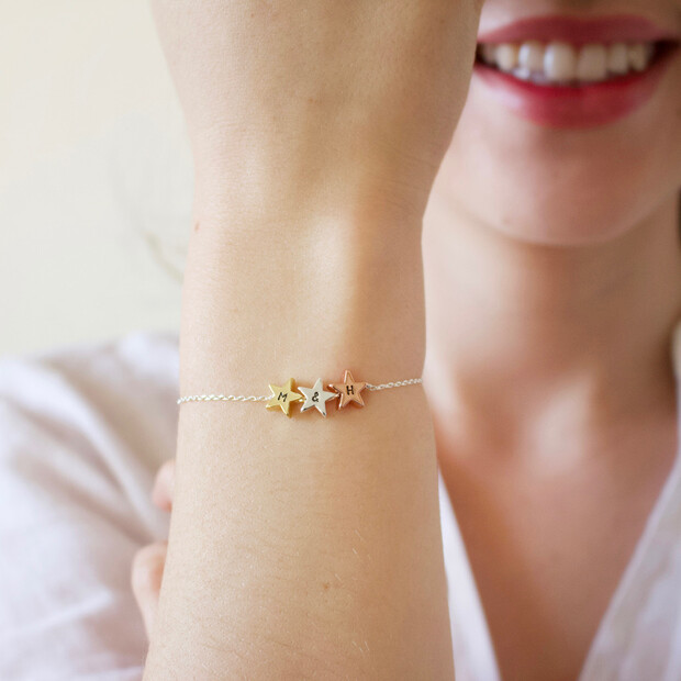 Personalised Mixed Metal Triple Star Bead Bracelet | Lisa Angel