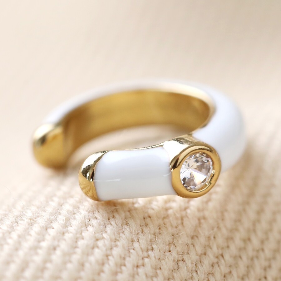 White Crystal Enamel Ear Cuff in Gold | Lisa Angel