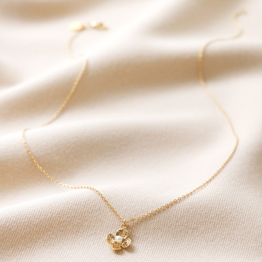 Small Flower Necklace with Pearl Centre in Gold | Lisa Angel