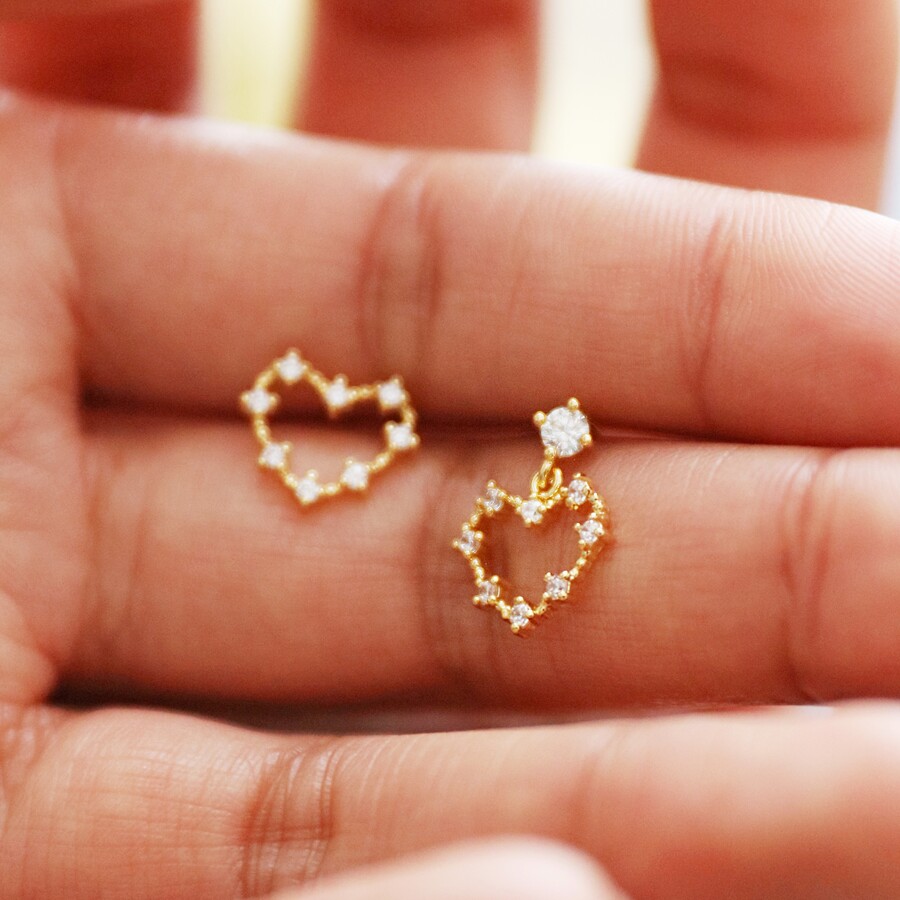 Mismatched Crystal Heart Earrings in Gold | Lisa Angel