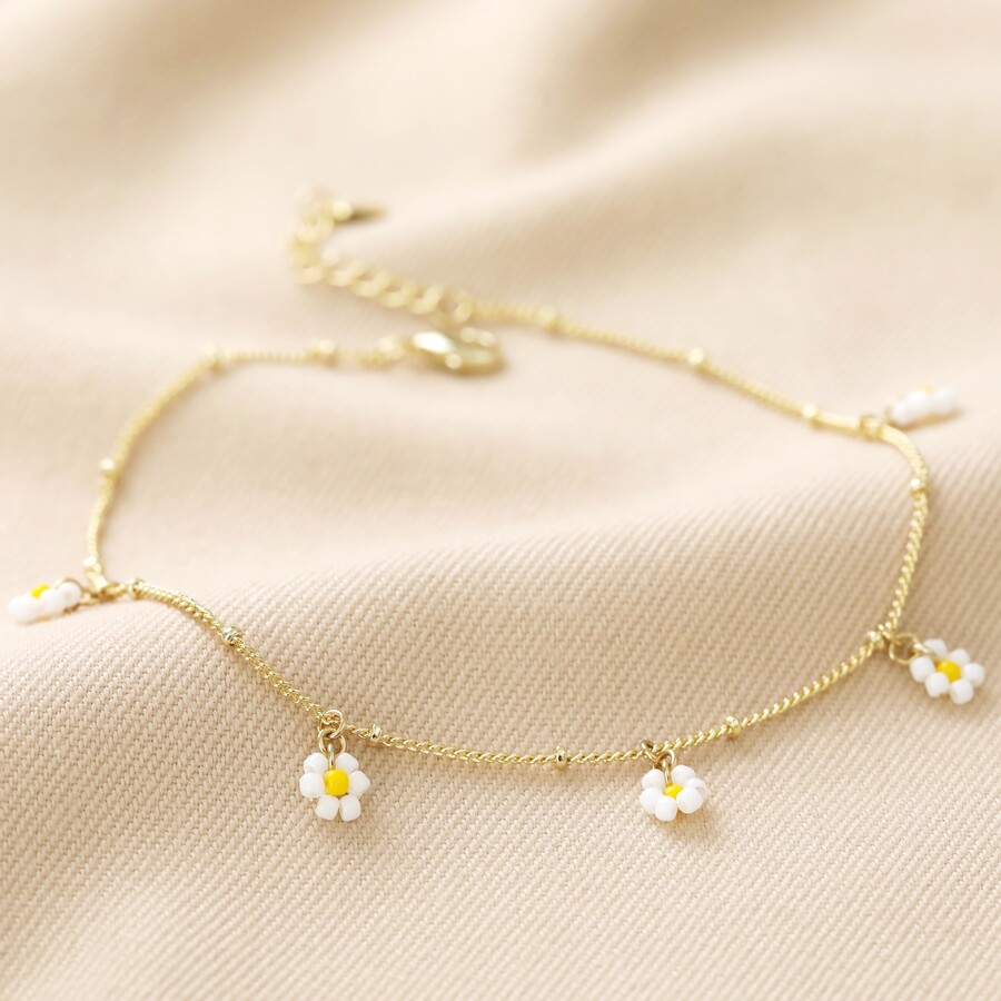 Beaded Daisy Satellite Chain Anklet in Gold | Lisa Angel