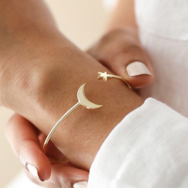 Gold Moon and Star Open Bangle | Lisa Angel Jewellery