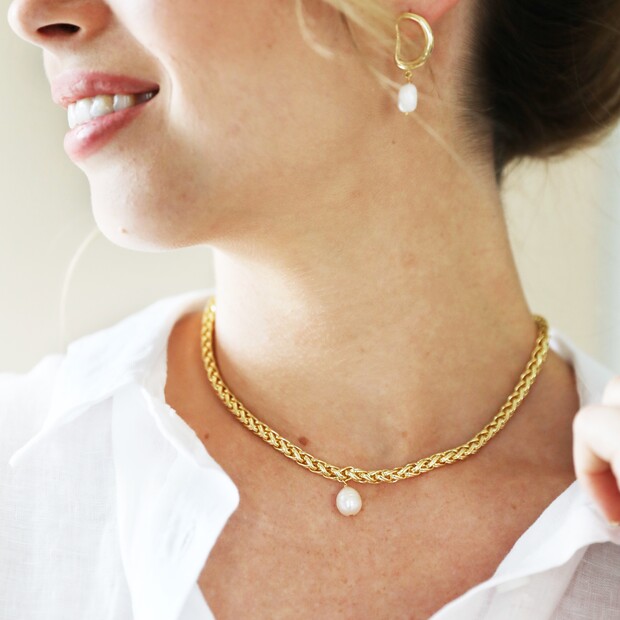 Plaited Rope Chain and Pearl Necklace in Gold | Lisa Angel