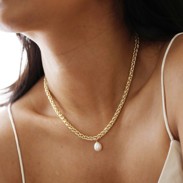 Plaited Rope Chain and Pearl Necklace in Gold | Lisa Angel