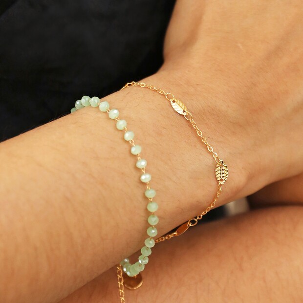Leaf Chain and Green Beaded Bracelets in Gold | Lisa Angel