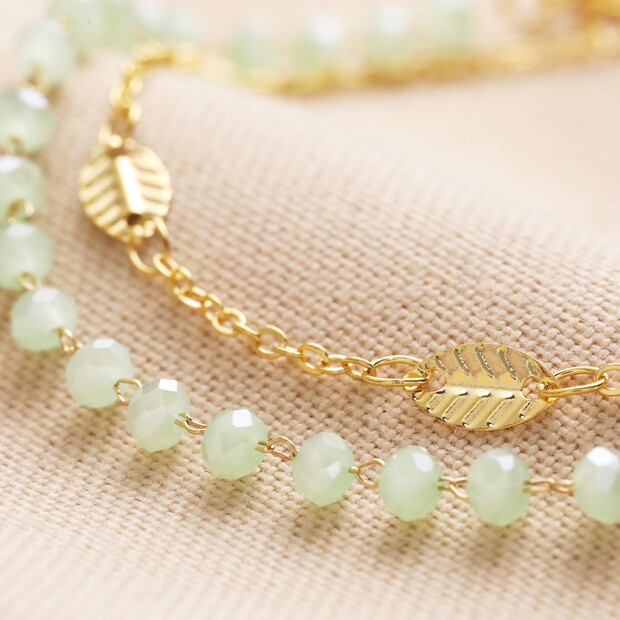 Leaf Chain and Green Beaded Bracelets in Gold | Lisa Angel