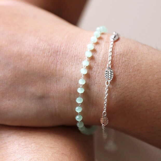 Set of 2 Leaf Chain and Green Beaded Bracelets | Lisa Angel