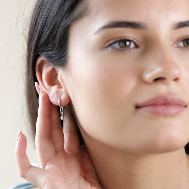 Stone & Pearl Drop Huggie Hoop Earrings Silver | Lisa Angel