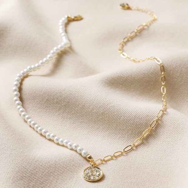 Talisman Charm Pearl and Chain Necklace in Gold | Lisa Angel