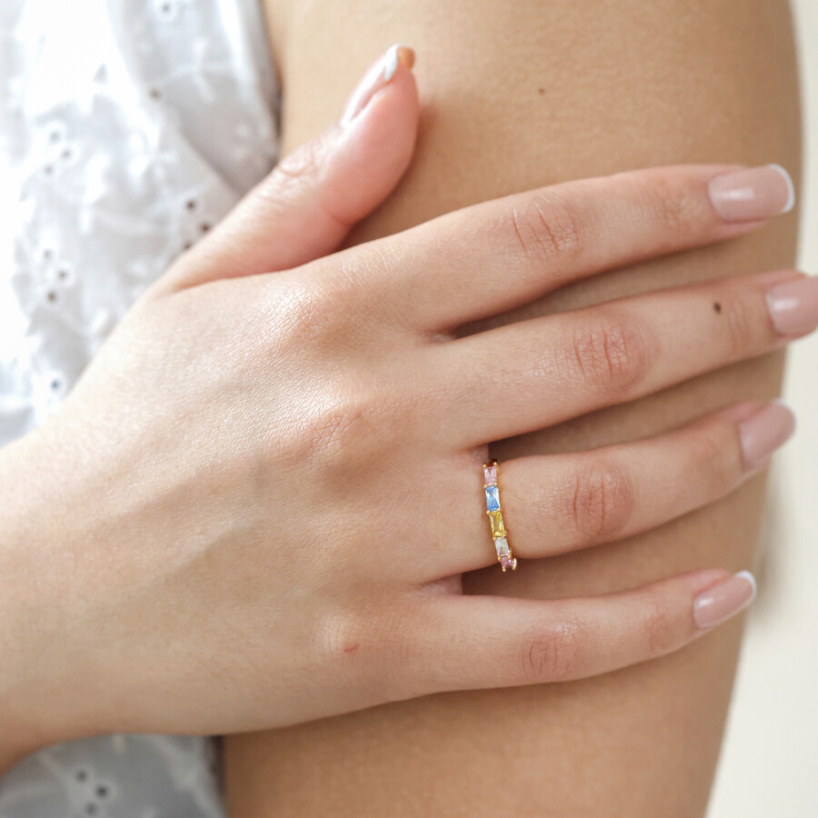 Colourful Baguette Crystal Band Ring in Gold | Lisa Angel