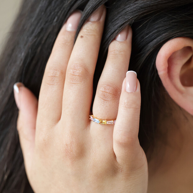 Colourful Baguette Crystal Band Ring in Gold | Lisa Angel