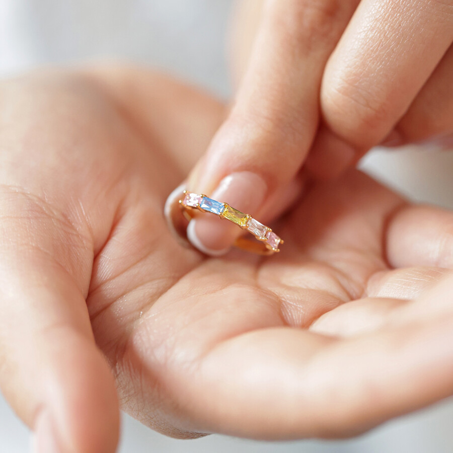 Colourful Baguette Crystal Band Ring in Gold | Lisa Angel