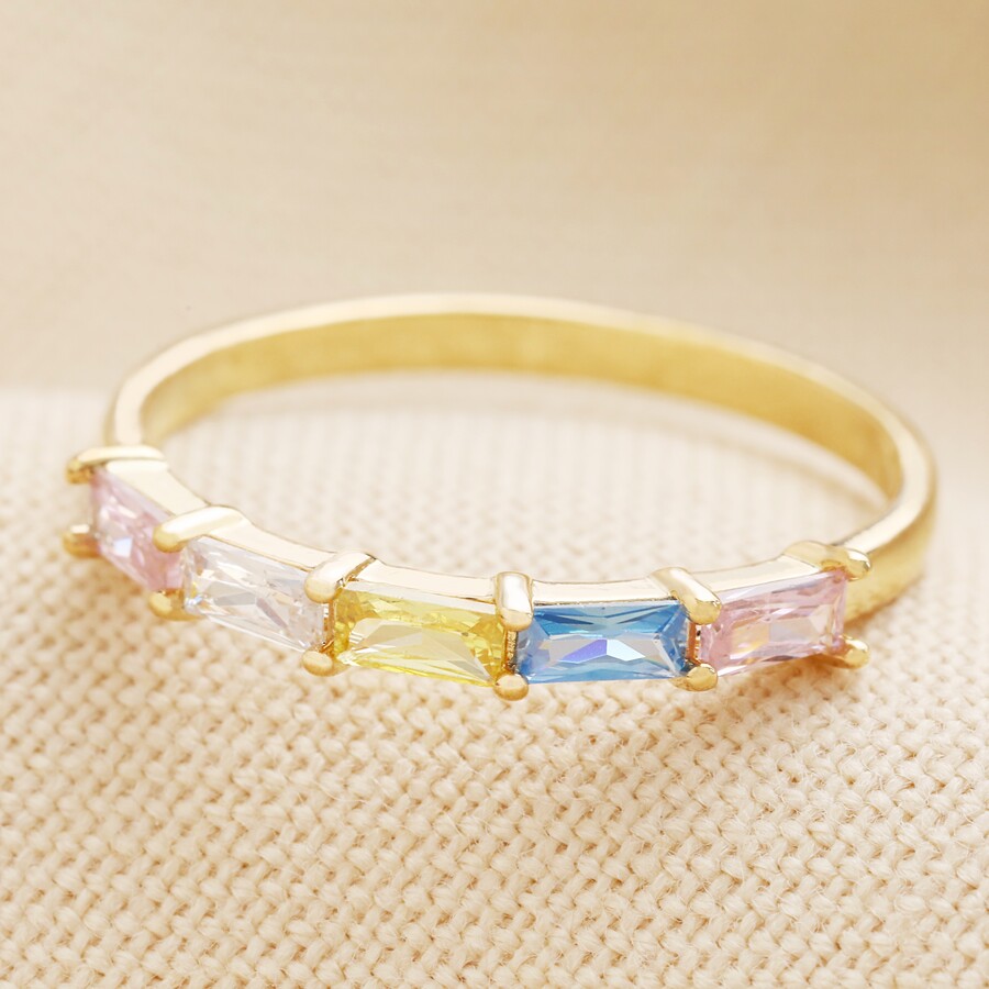 Colourful Baguette Crystal Band Ring in Gold | Lisa Angel