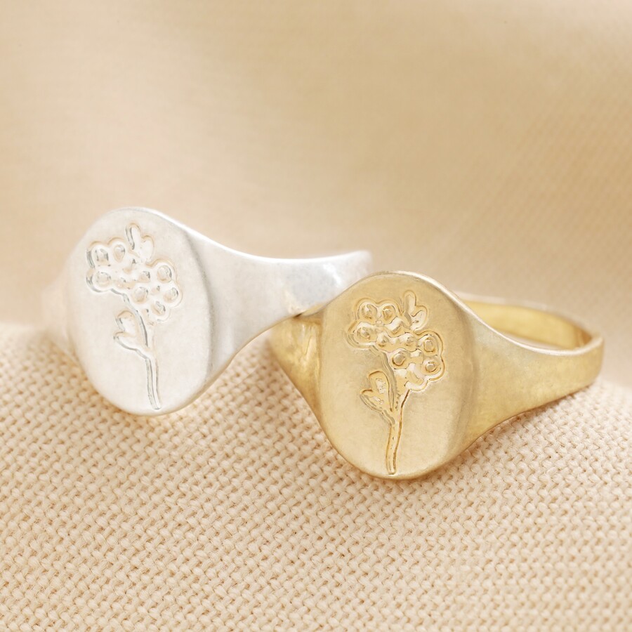 Debossed Forget Me Not Signet Ring in Gold | Lisa Angel