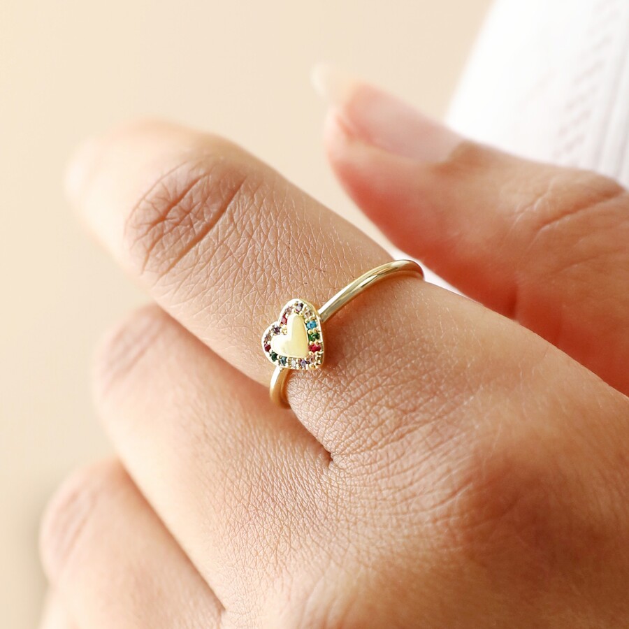 Adjustable Rainbow Crystal Heart Ring in Gold | Lisa Angel
