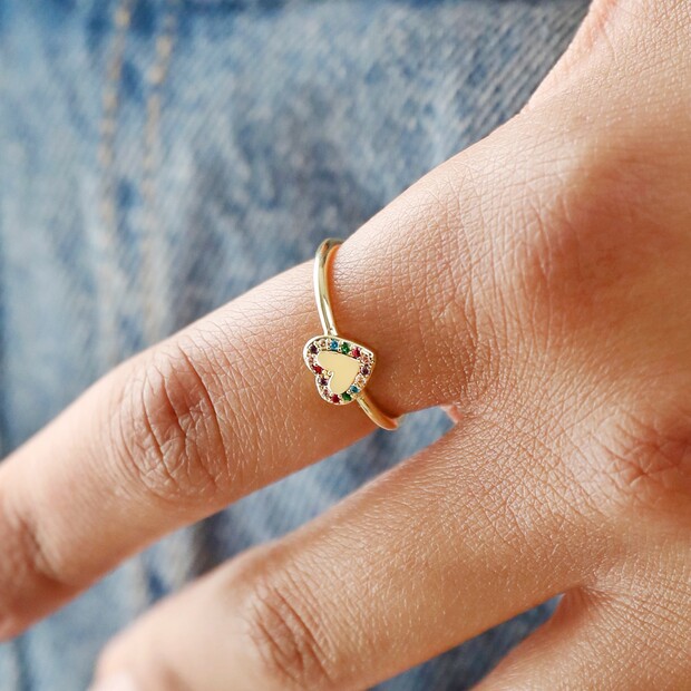 Adjustable Rainbow Crystal Heart Ring in Gold | Lisa Angel