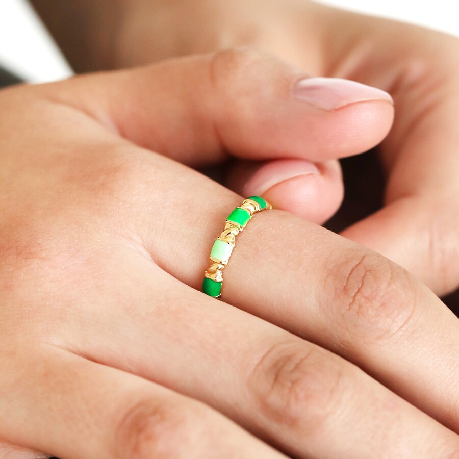 Adjustable Gold Stainless Steel Green Enamel Twist Ring