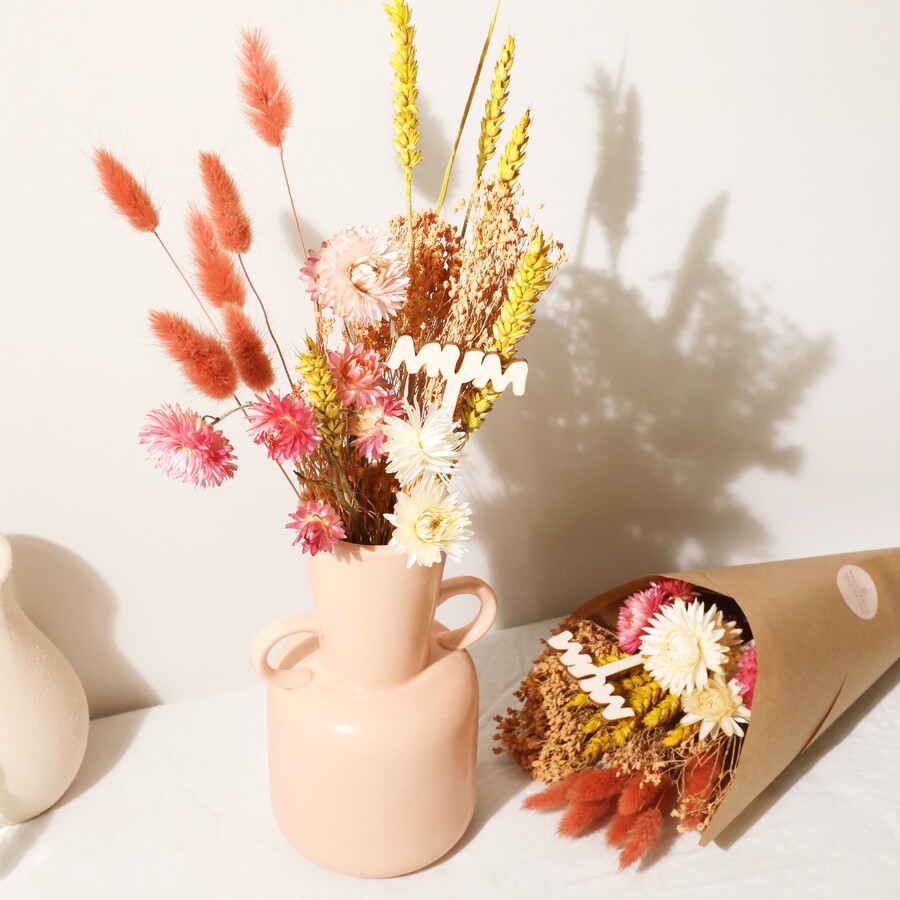 Mum Yellow and Pink Small Dried Flower Bouquet | Lisa Angel