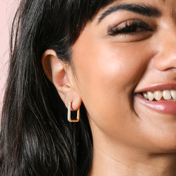 Rectangular Crystal Hoop Earrings in Gold | Lisa Angel