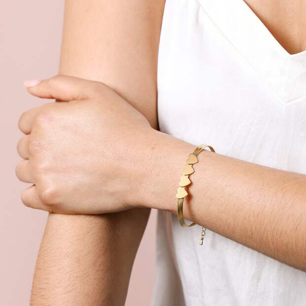 Gold Stainless Steel Four Heart Herringbone Bracelet | Lisa Angel