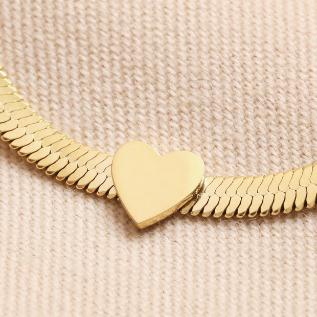 Gold Stainless Steel Heart Charm Herringbone Bracelet | Lisa Angel
