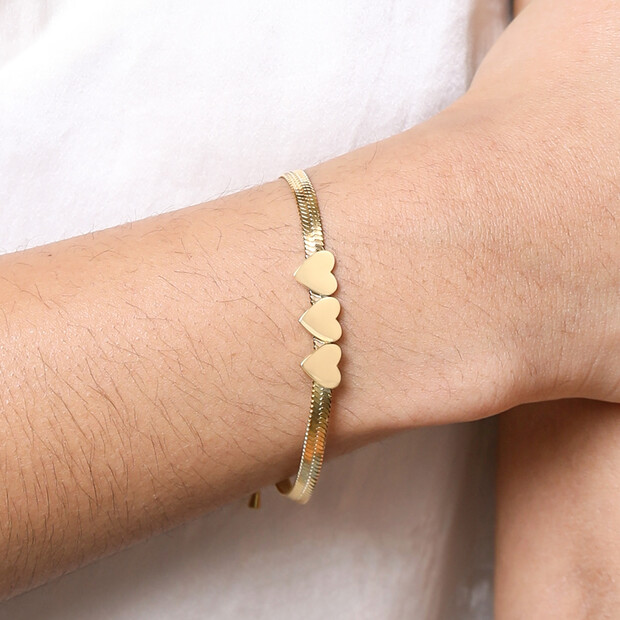Gold Stainless Steel Three Heart Herringbone Bracelet | Lisa Angel