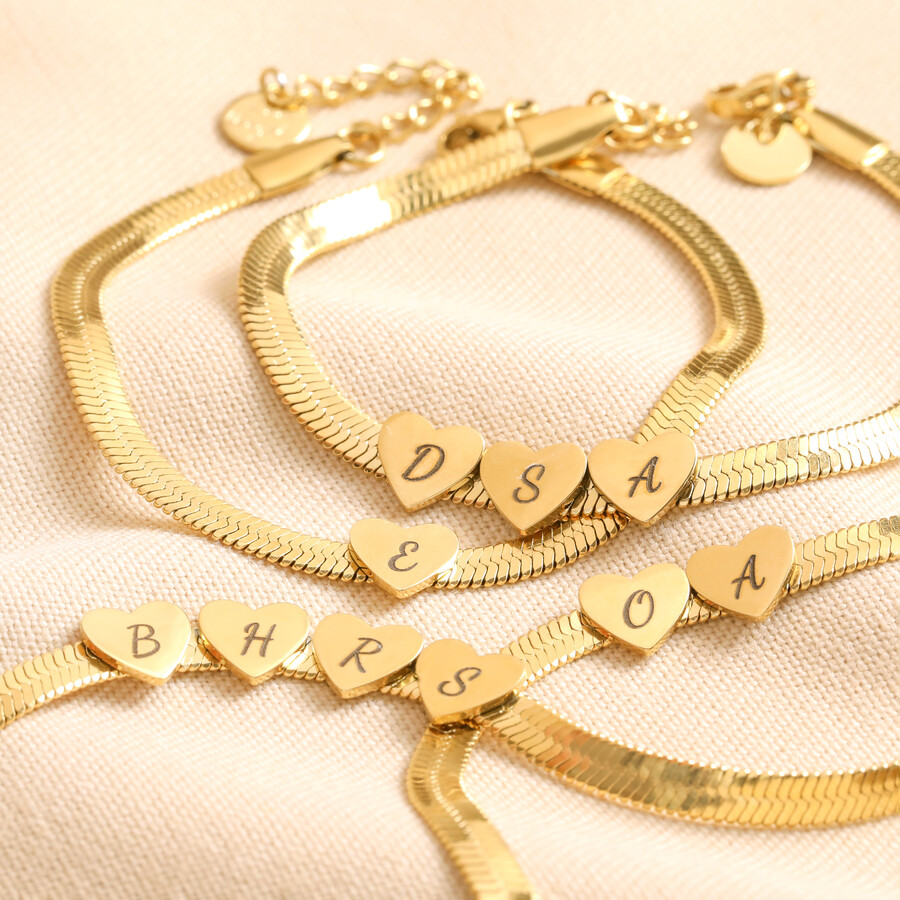 Personalised Gold Heart Charm Herringbone Bracelet | Lisa Angel