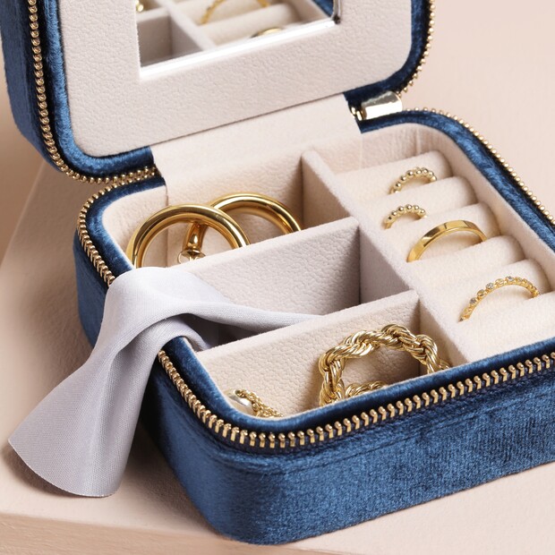 Navy Blue Velvet Square Travel Jewellery Case | Lisa Angel