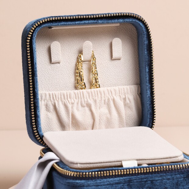 Navy Blue Velvet Square Travel Jewellery Case | Lisa Angel