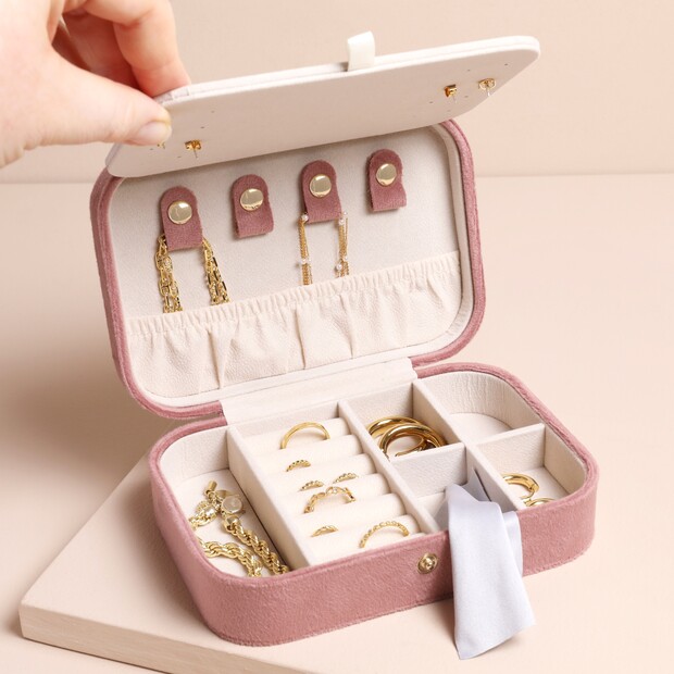 Rose Pink Velvet Rectangular Travel Jewellery Case | Lisa Angel