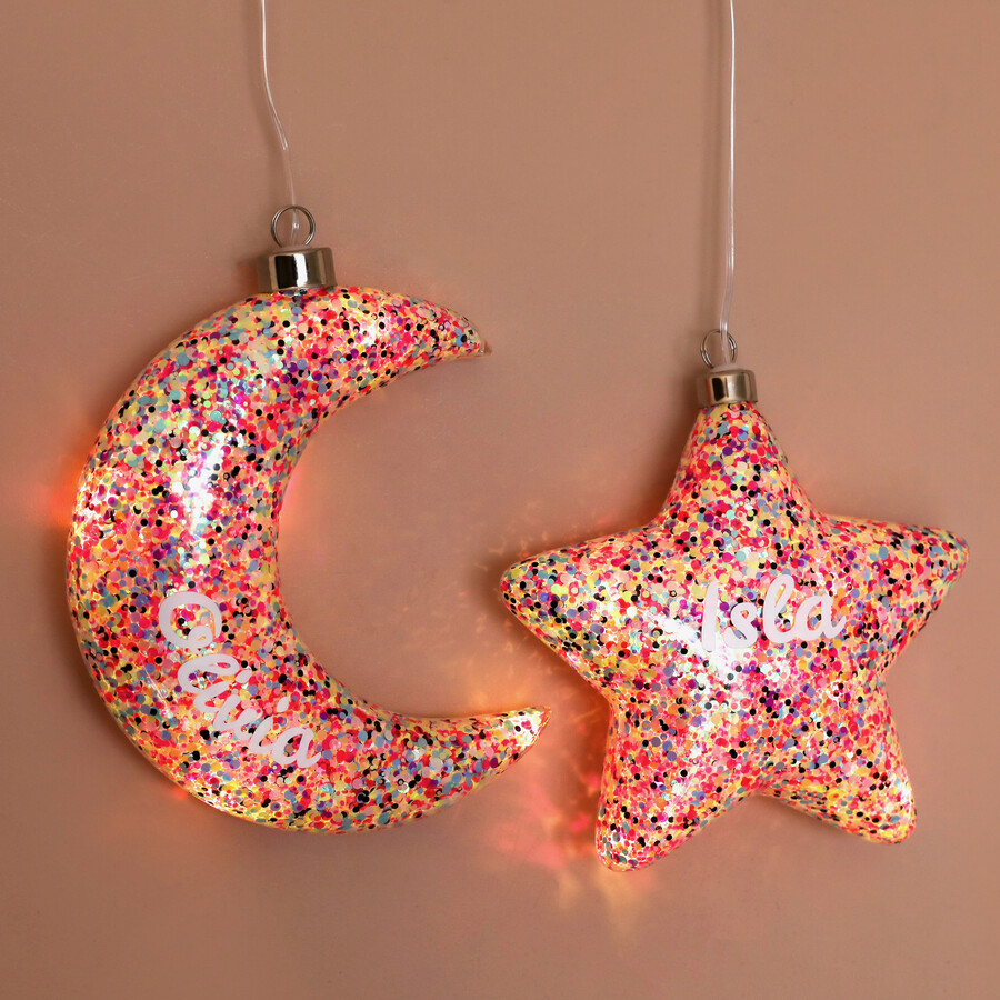 Personalised Hanging Pink Glitter LED Moon Light | Lisa Angel