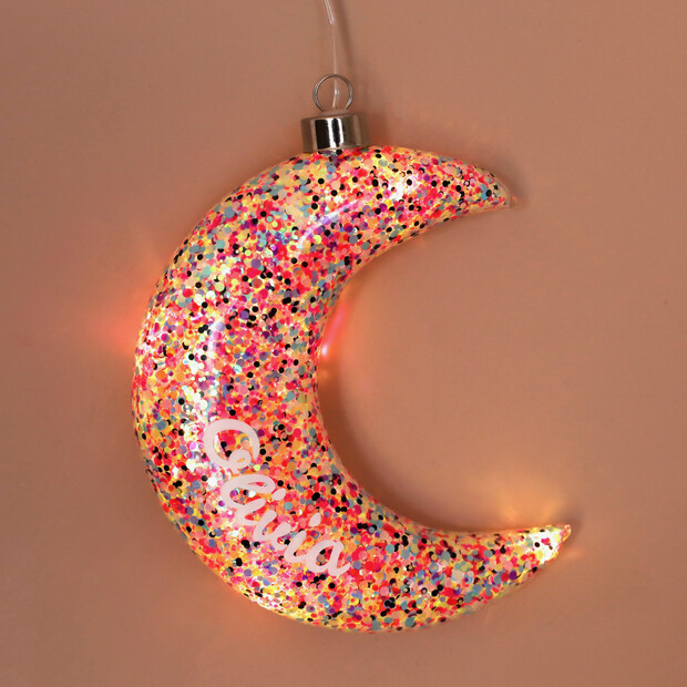 Personalised Hanging Pink Glitter LED Moon Light | Lisa Angel