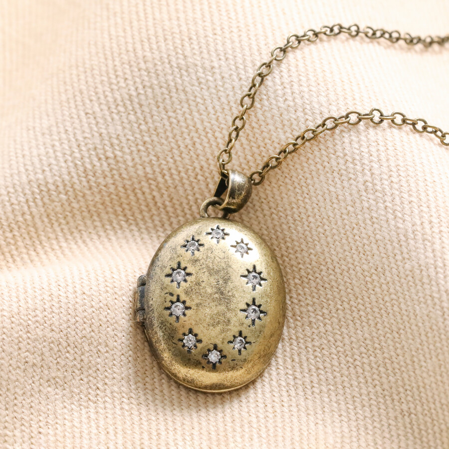 Personalised Antiqued Crystal Star Oval Locket Necklace | Lisa Angel