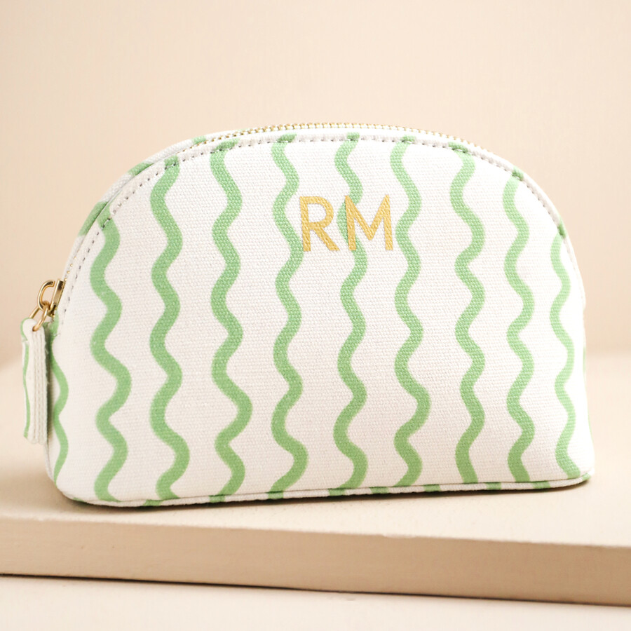 Personalised Small Green Wavy Lines Wash Bag | Lisa Angel