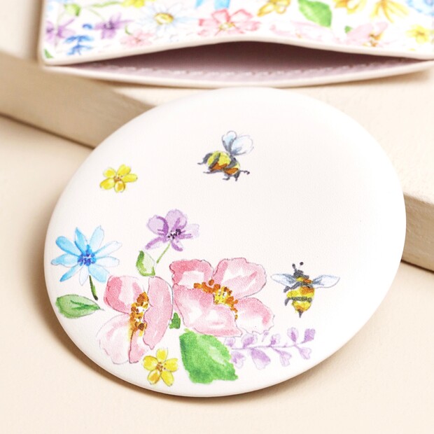 Pink Floral Bee Round Compact Mirror in Pouch | Lisa Angel